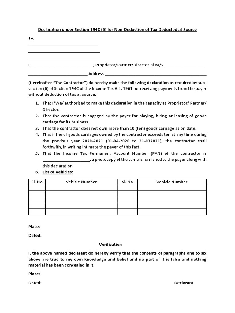 Declaration Under Section 194C | PDF