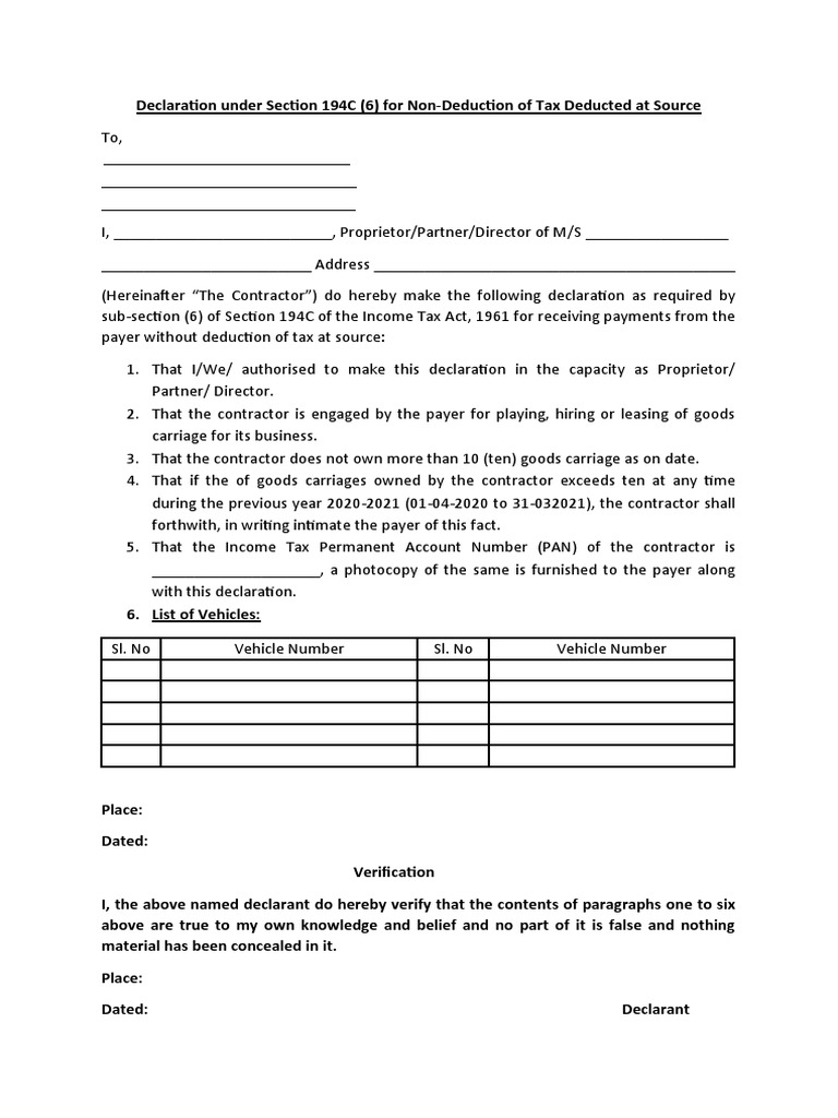 Declaration Under Section 194C | PDF