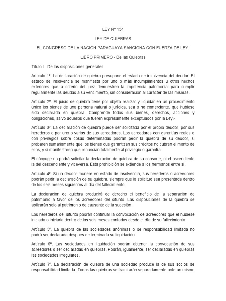 Ley #154/69 Ley de Quiebras | PDF | Bancarrota | Pagos