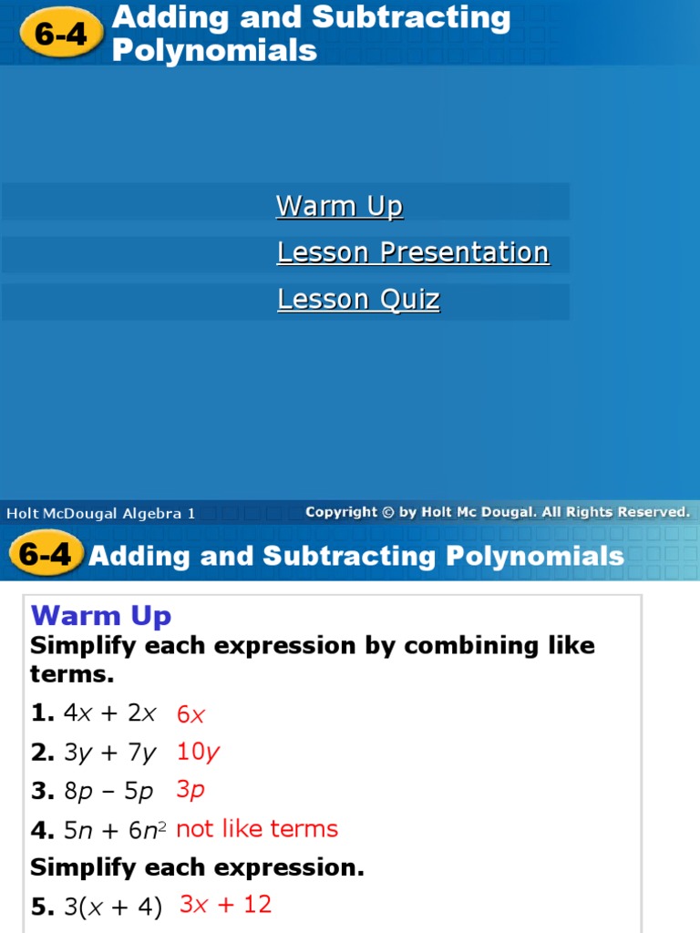 Adding and Subtracting Polynomials PPP | PDF | Polynomial | Algebra