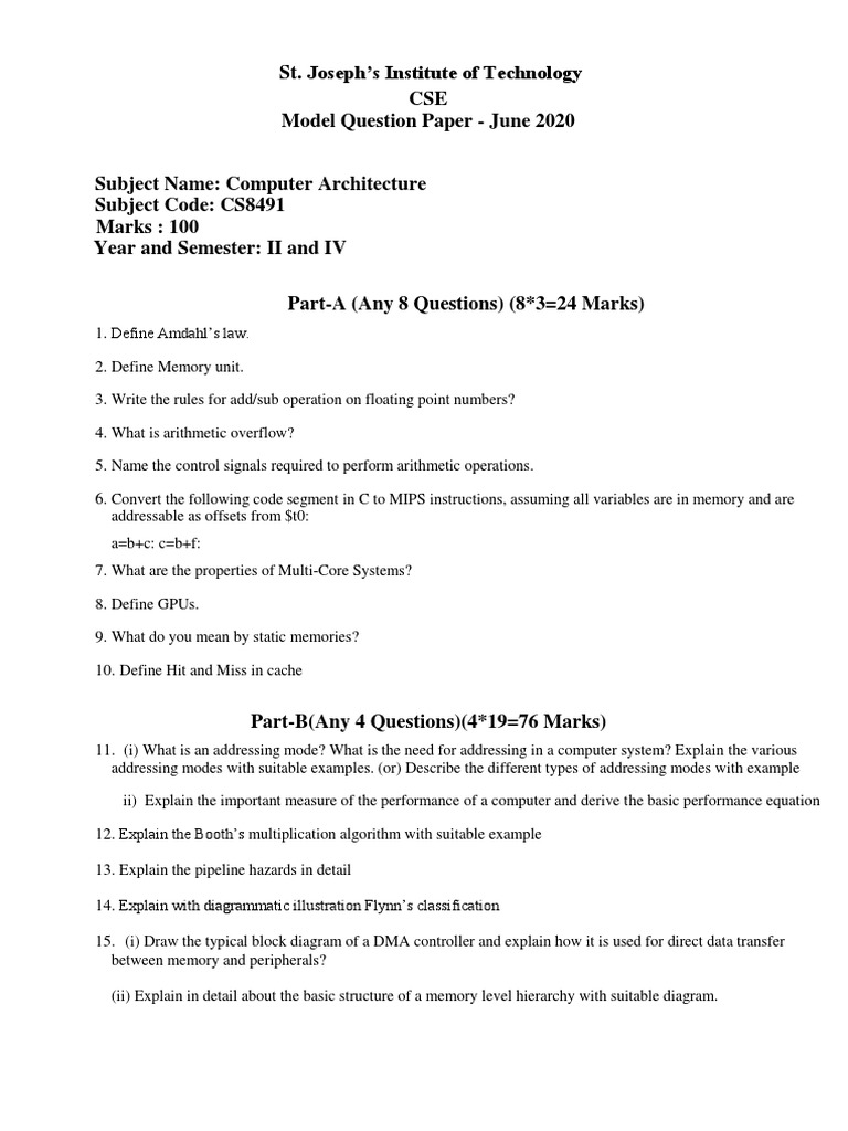 CSE Model Question Paper: Computer Architecture | PDF