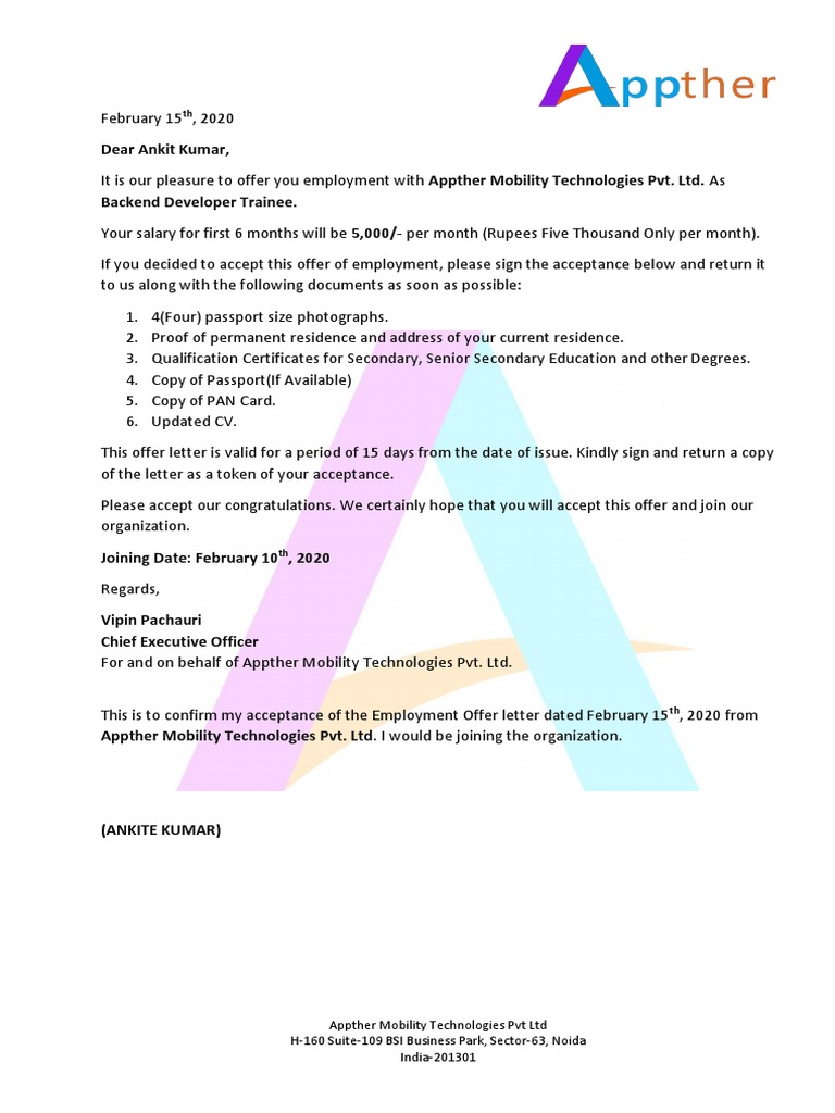 Appther Offer Letter for Ankit Kumar | PDF