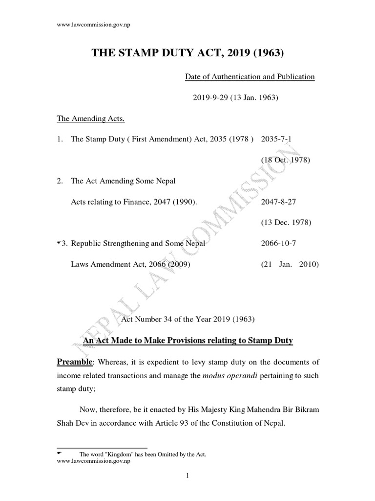 THE STAMP DUTY ACT, 2019 (1963) : WWW - Lawcommission.gov - NP | PDF ...