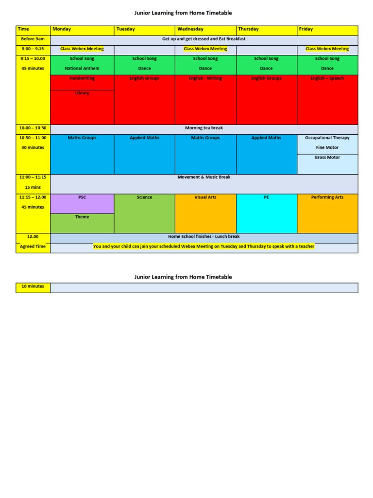 Junior Learning From Home Timetable | PDF