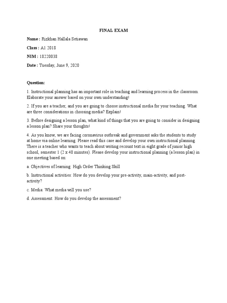 Final Exam Instructional Design by Rizkhan HS | PDF | Lesson Plan ...