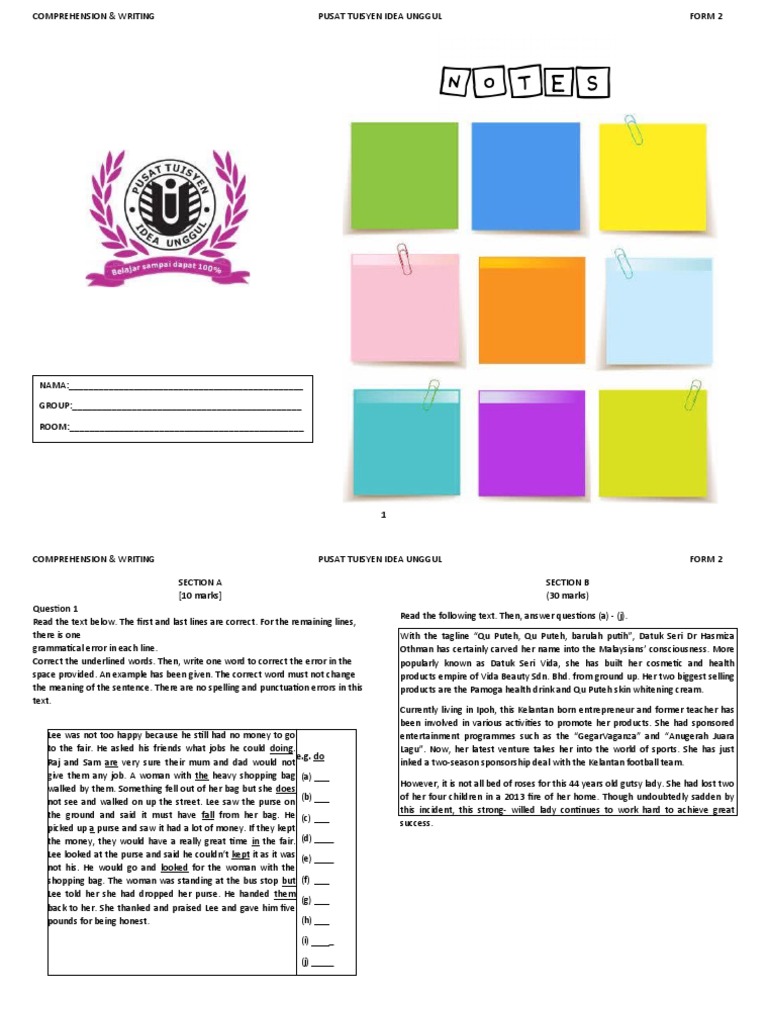 Form 2 Modul 1 Writing Comprehension | PDF