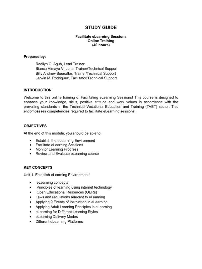 Study Guide: Facilitate Elearning Sessions Online Training (40 Hours ...
