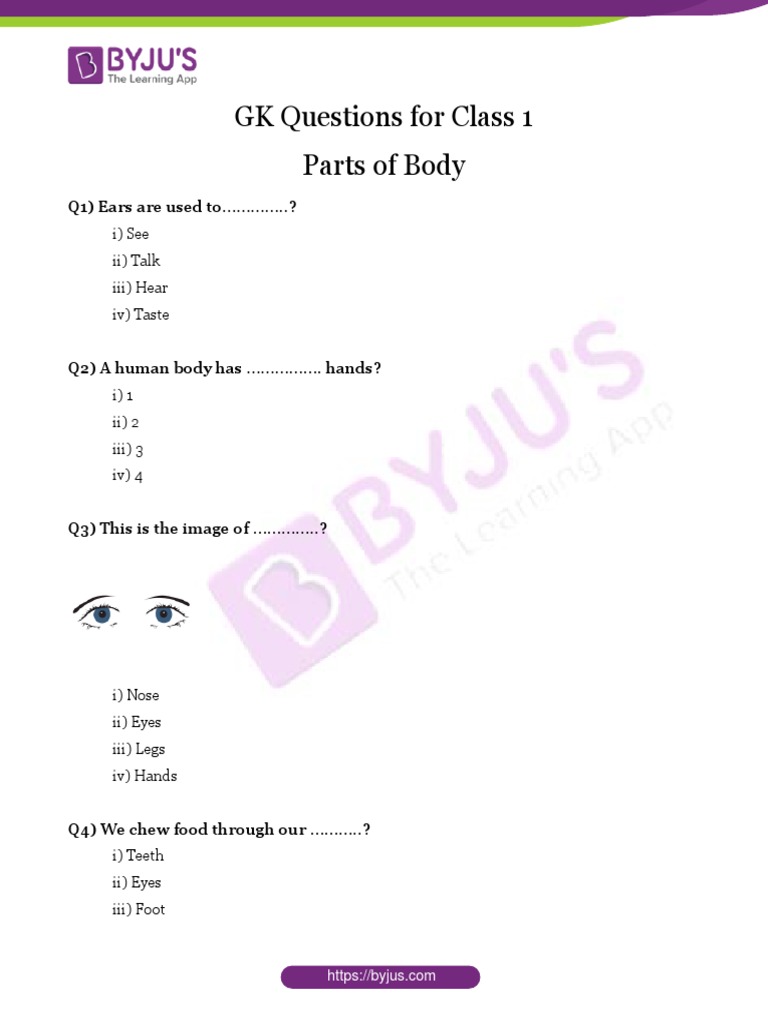 CBSE Class 1 GK Questions Parts of Body PDF | PDF