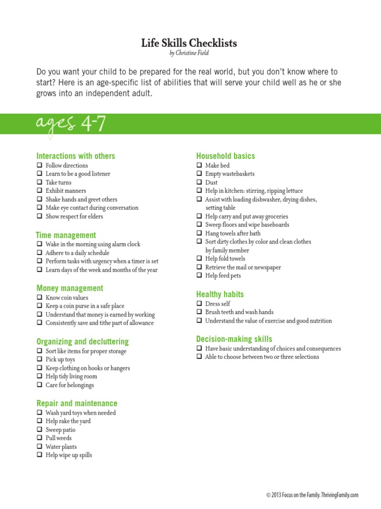 Ages 4-7: Life Skills Checklists | PDF | Business