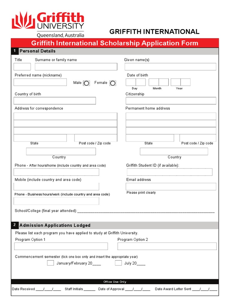 Griffith International Scholarship Application Form | PDF | Postgraduate Education ...