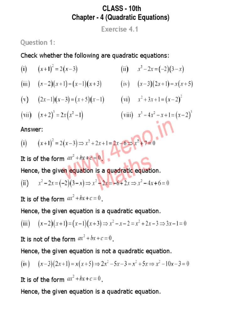 Exercise 4.1: CLASS - 10th Chapter - 4 (Quadratic Equations) | PDF ...
