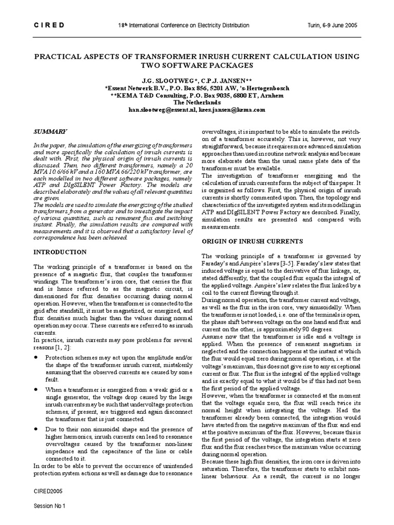Practical Aspects of Transformer Inrush Current Calculation Using Two Software Packages | PDF ...
