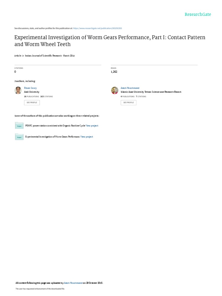 Experimental Investigation of Worm Gears Performance, Part I: Contact ...