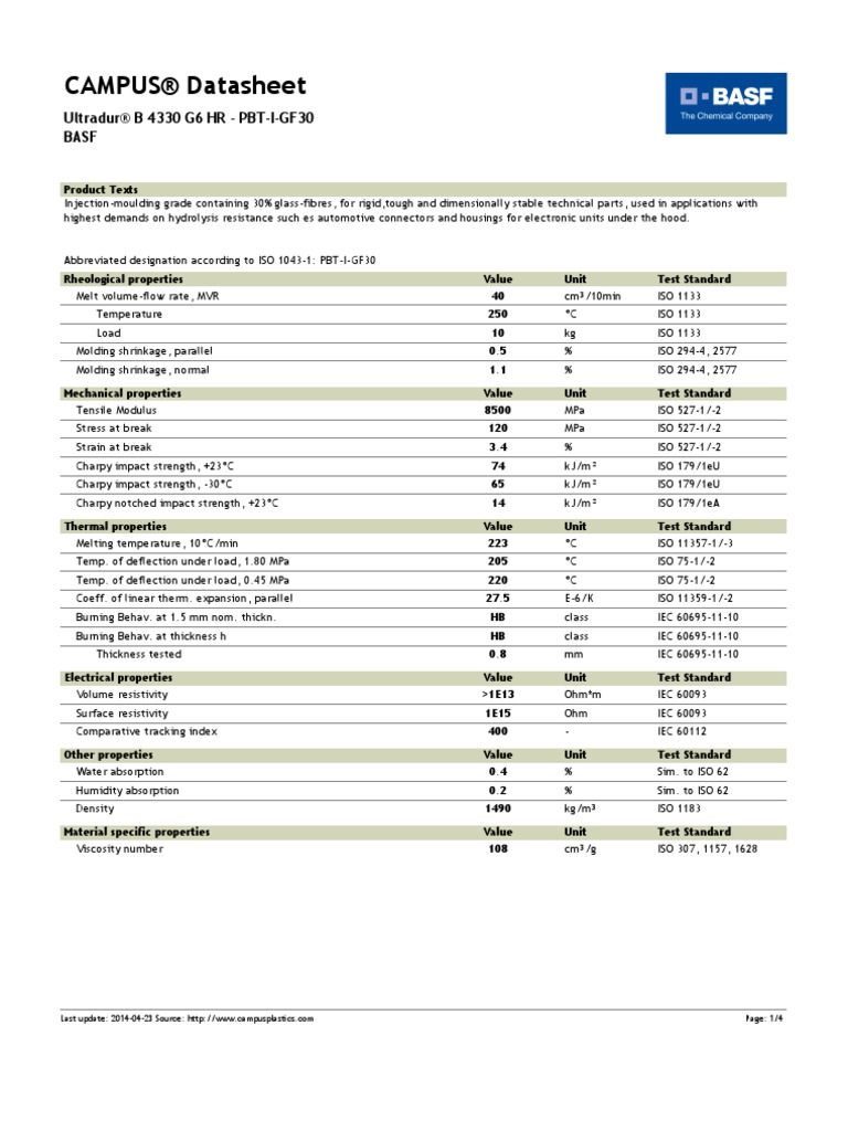 CAMPUS® Datasheet: Ultradur® B 4330 G6 HR - PBT-I-GF30 Basf | PDF ...