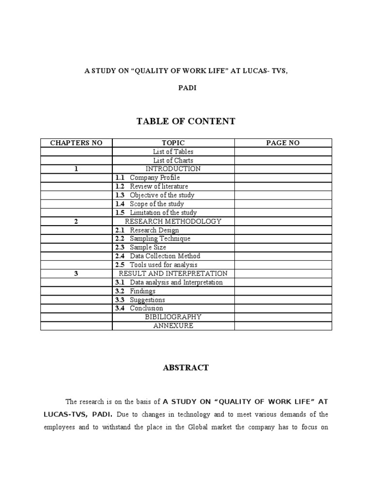 Quality of Work Life Study at Lucas-TVS | PDF | Emergence ...