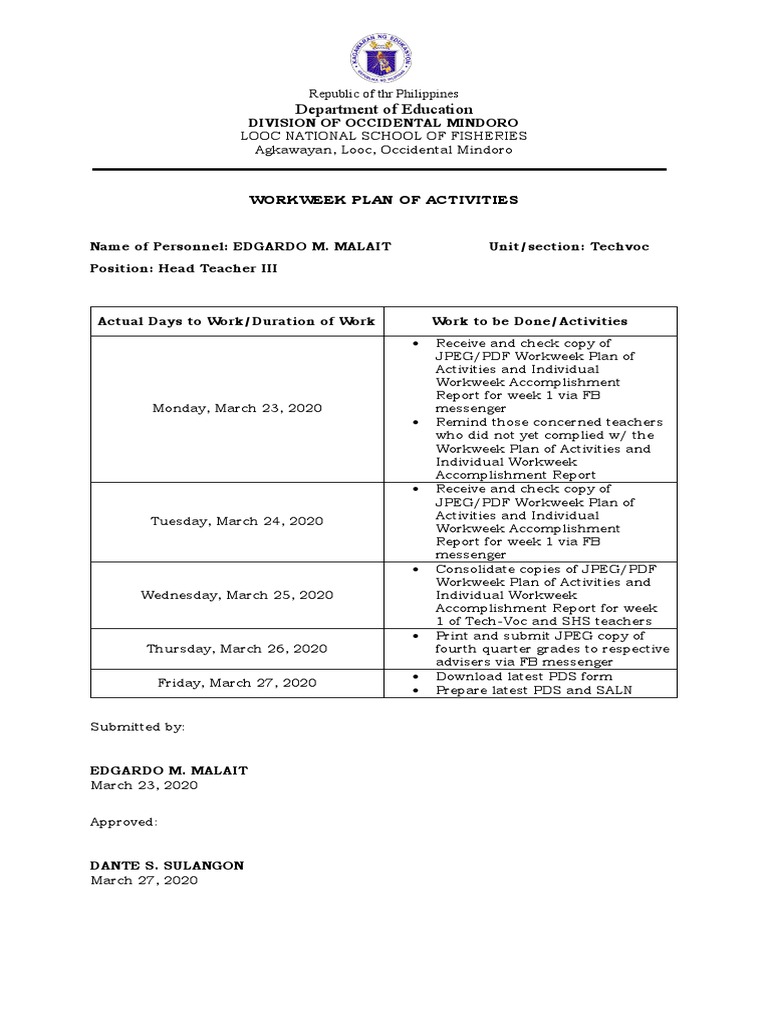 Department of Education: Workweek Plan of Activities | Download Free PDF | Workweek And Weekend ...