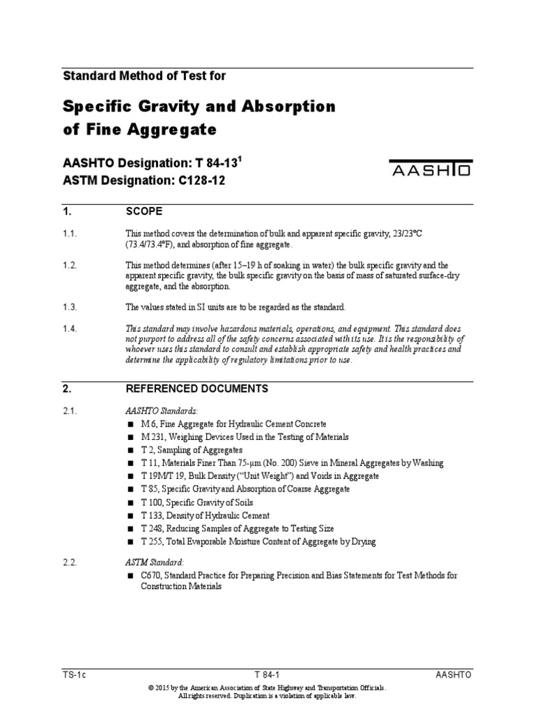 AASHTO T 84-13 - Specific Gravity and Absorption of Fine Aggregate | PDF | Porosity ...