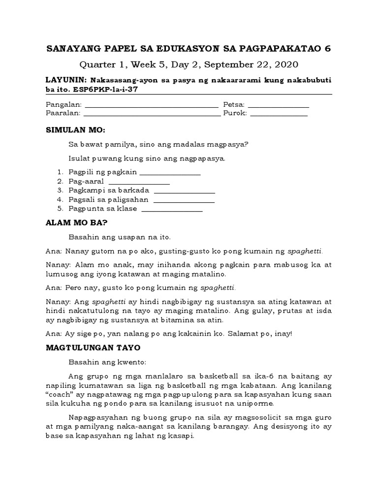 ESP Activity Sheet Quarter 1 | PDF