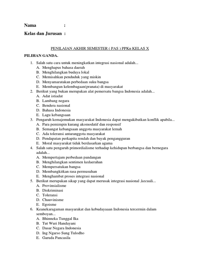 Soal PAS PPKN Kelas X T.A 2019-2020 | PDF