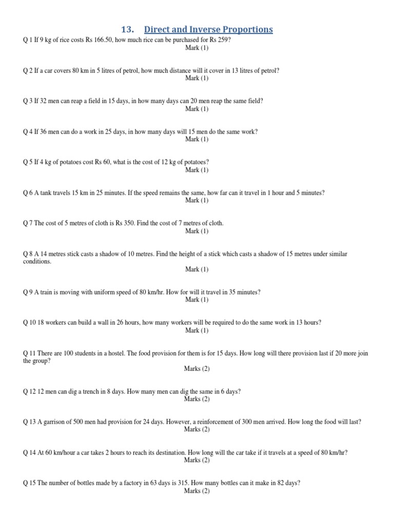 CBSE Class 8 Mathematics Worksheet - Direct and Inverse Proportions ...