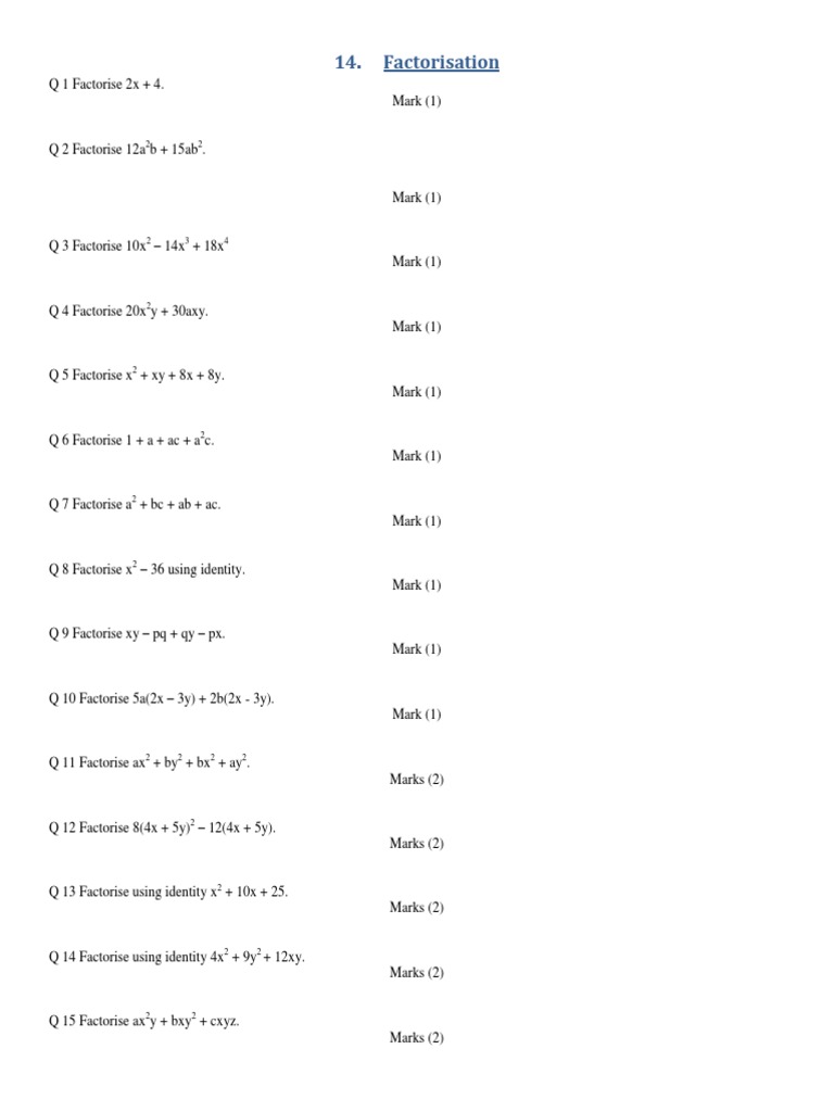 CBSE Class 8 Mathematics Worksheet - Factorisation | PDF ...