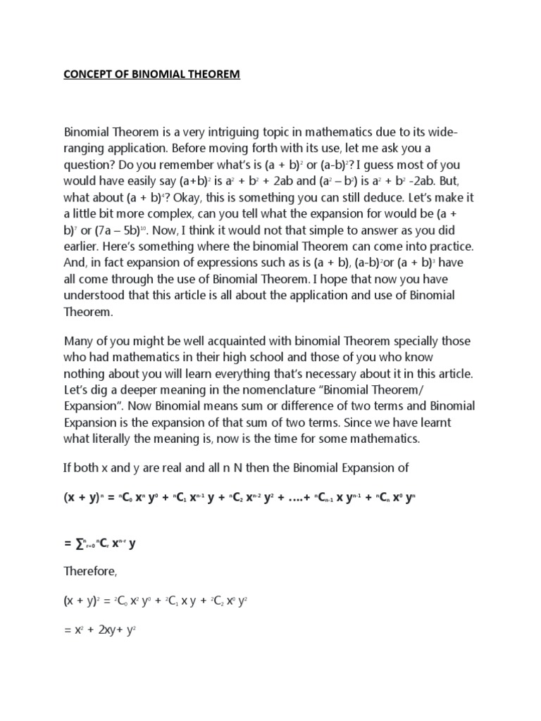 Concept Of Binomial Theorem Pdf Odds Numbers 1573