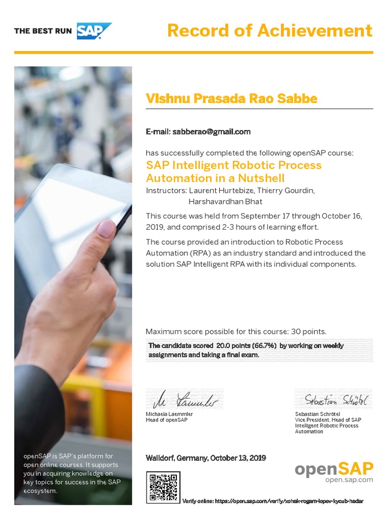 SAP RPA Course Achievement Record | PDF