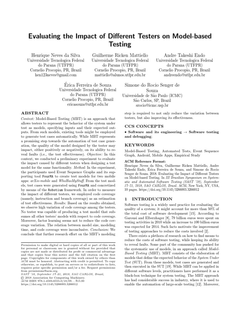 Evaluating The Impact Of Different Testers On Model Based Testing Pdf