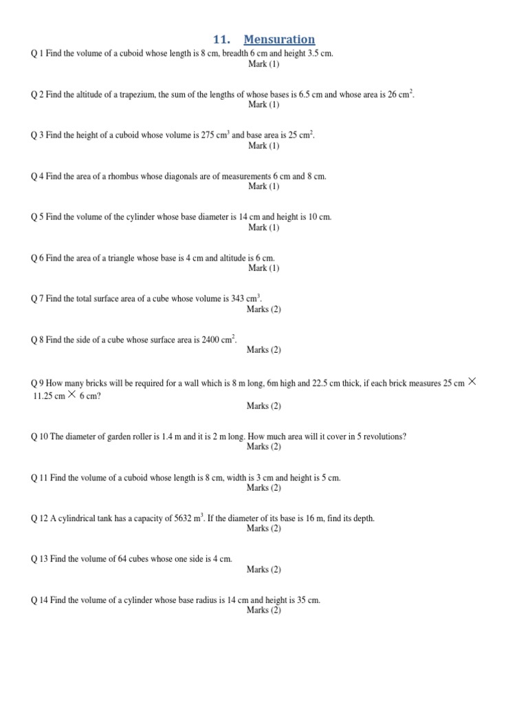 CBSE Class 8 Mathematics Worksheet - Mensuration | PDF | Area | Volume