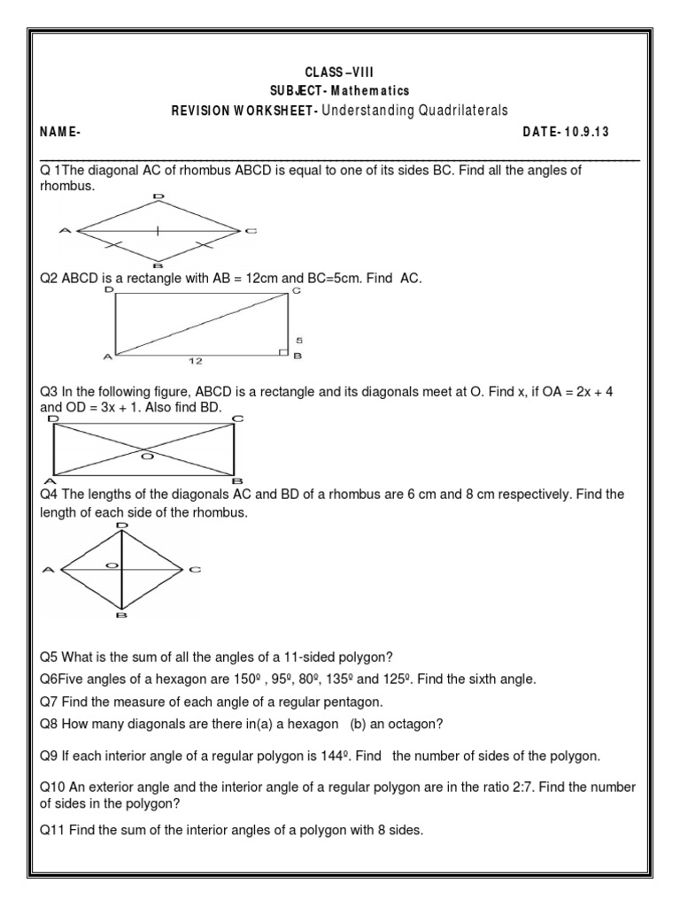 CBSE Class 8 Mathematics Worksheet - Understanding Quadrilaterals | PDF