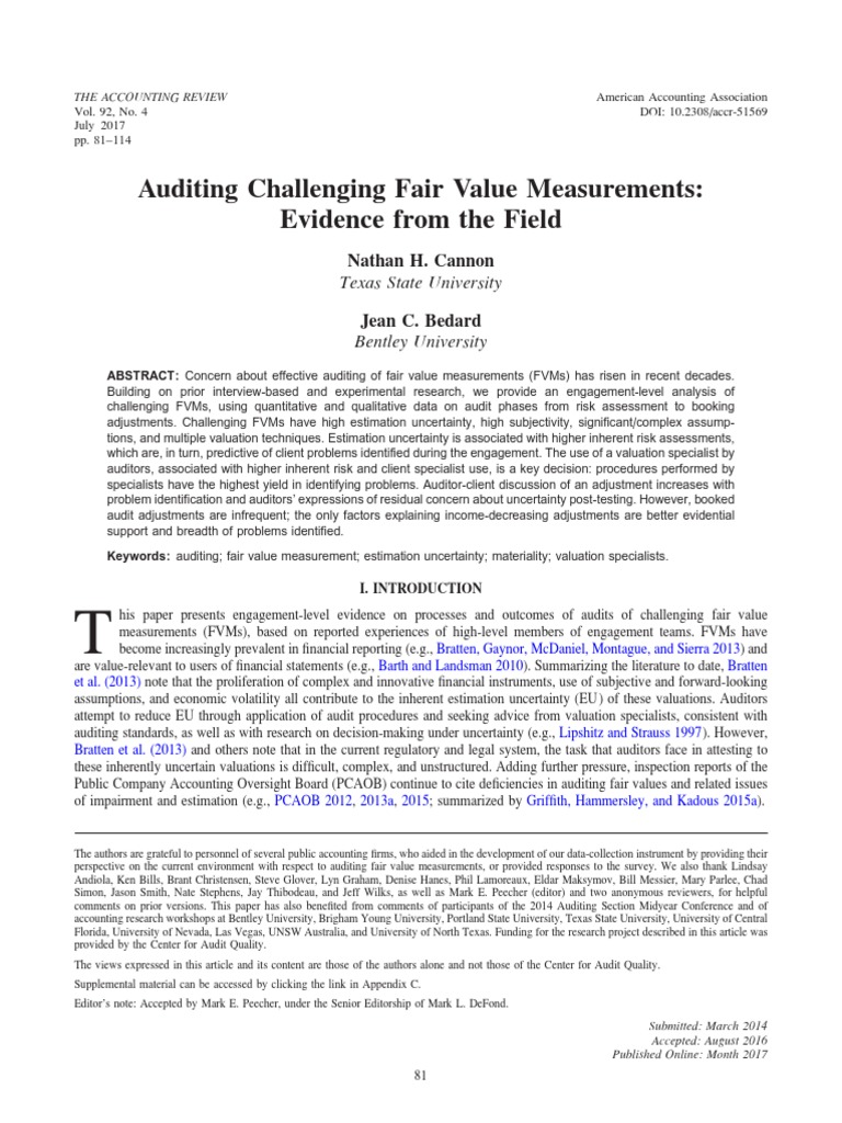 Auditing Challenging Fair Value Measurements Evidence From The Field TAR | Download Free PDF ...