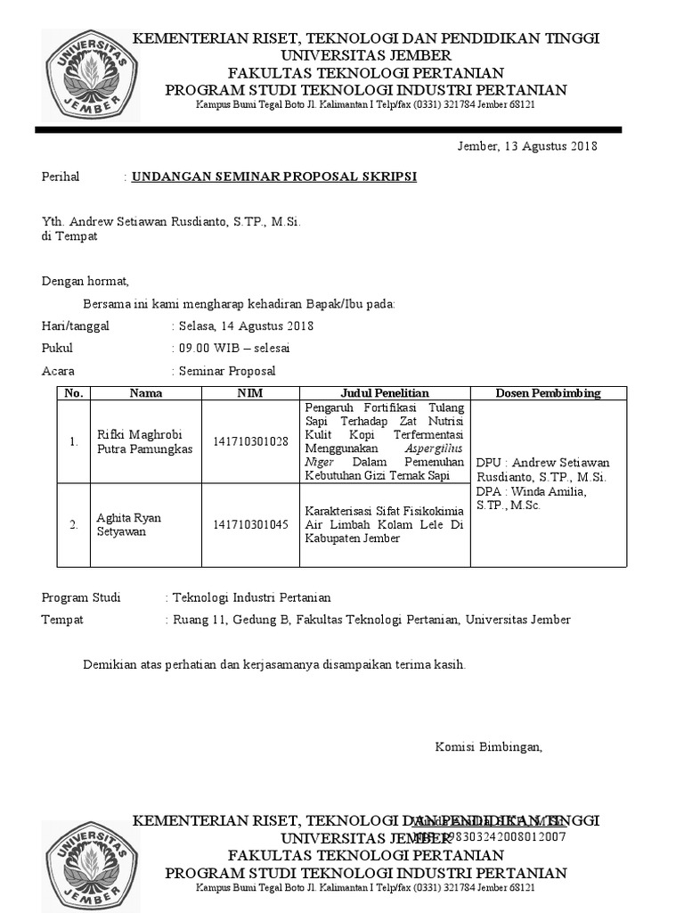 Undangan Seminar Skripsi Unej | PDF