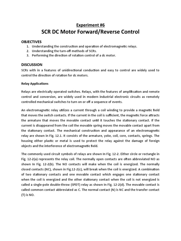 Bidirectional Control of a DC Motor Using SCRs and Relays Through Self-Commutation | PDF | Relay ...