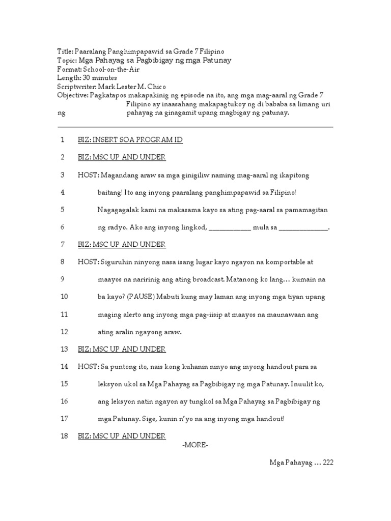 DepEd SOA Samply Script For Grade 7 Filipino - Mldmchico | PDF