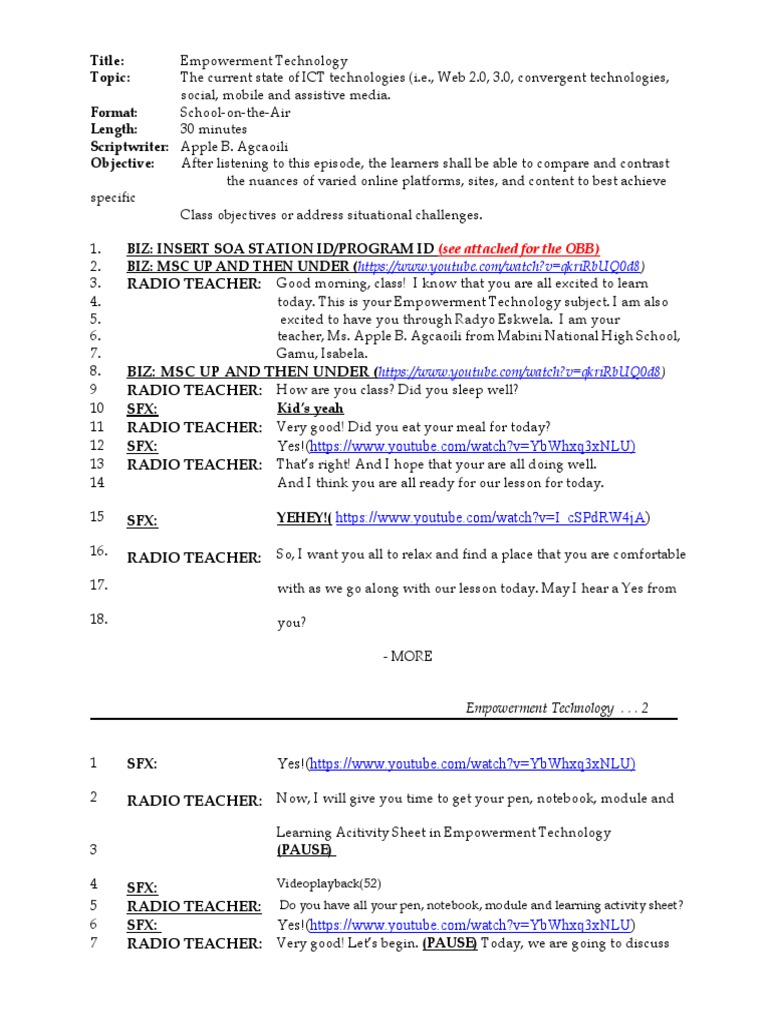 Radio Teacher:: Title: Topic: Format: Length: Scriptwriter: Apple B ...