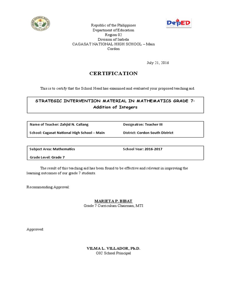 Certification: Strategic Intervention Material in Mathematics Grade 7 ...