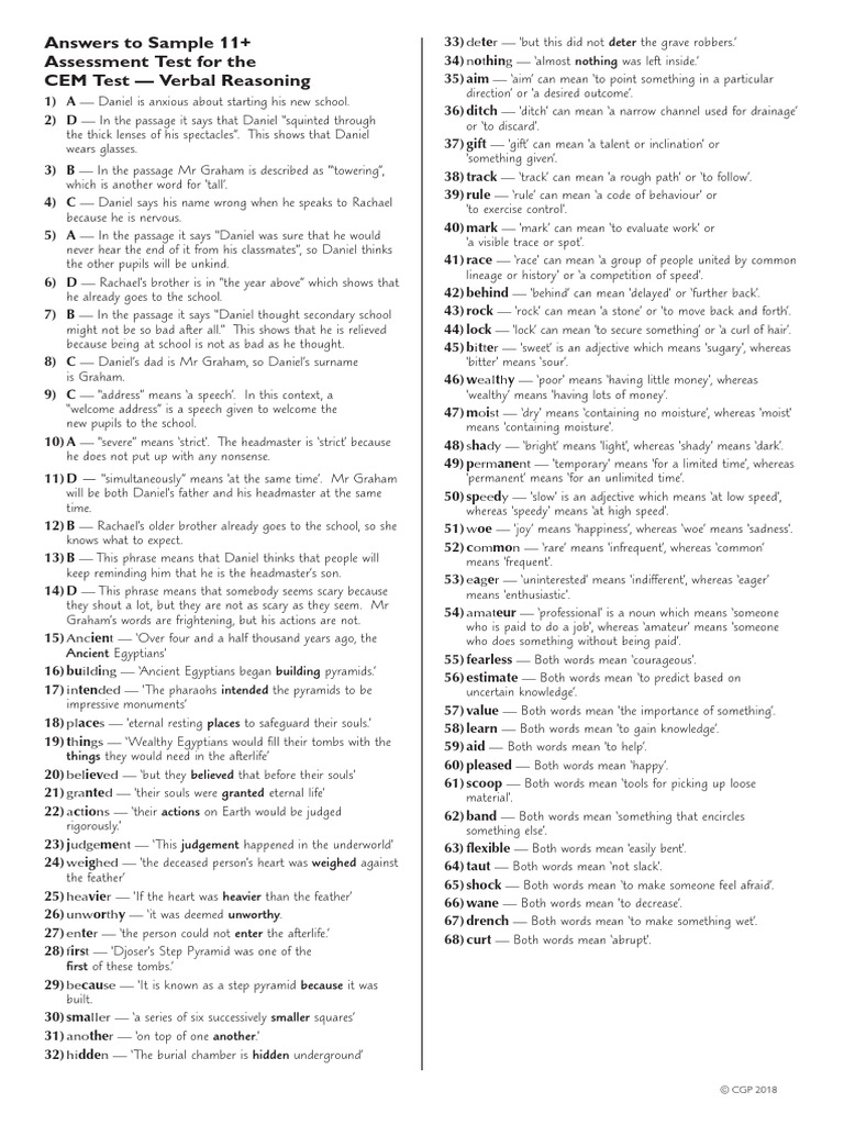 Answers To Sample 11+ Assessment Test For The CEM Test - Verbal ...