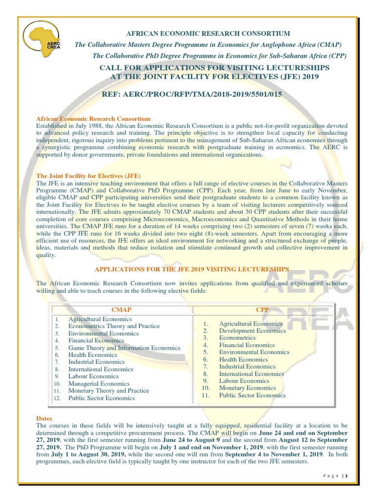 Call For Applications For Visiting Lectureships at The Joint Facility For Electives (Jfe) 2019 ...