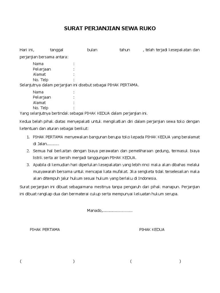 Surat Perjanjian Sewa Ruko Manado | PDF