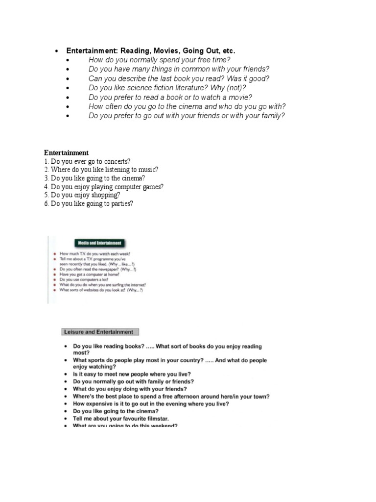 Entertainment: Reading, Movies, Going Out, Etc. | PDF