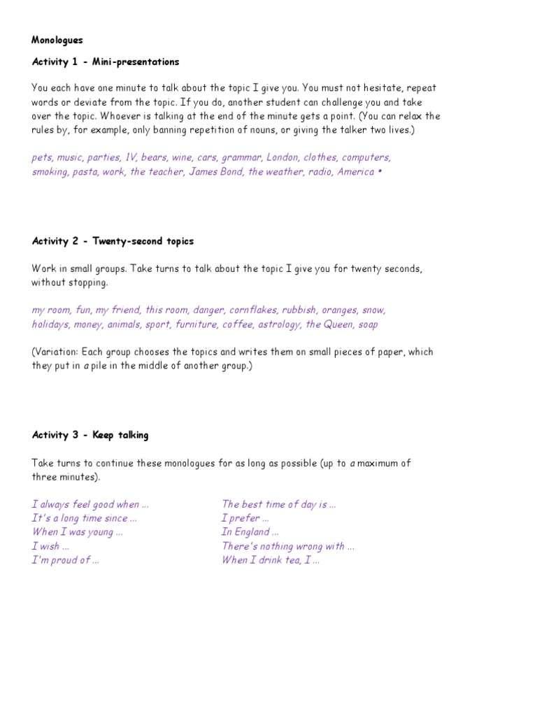 Monologues Activity 1 - Mini-Presentations | PDF
