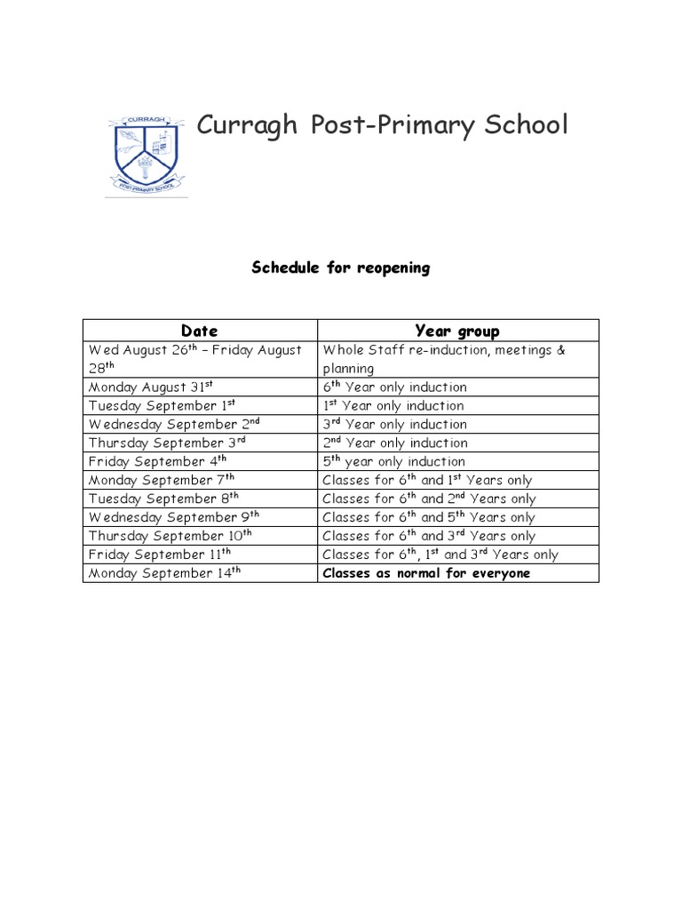 Curragh School Reopening Schedule | PDF