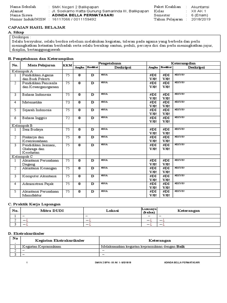 E. RAPOR KELAS XII AK GNP 1819 Cetak Rapor OK | PDF