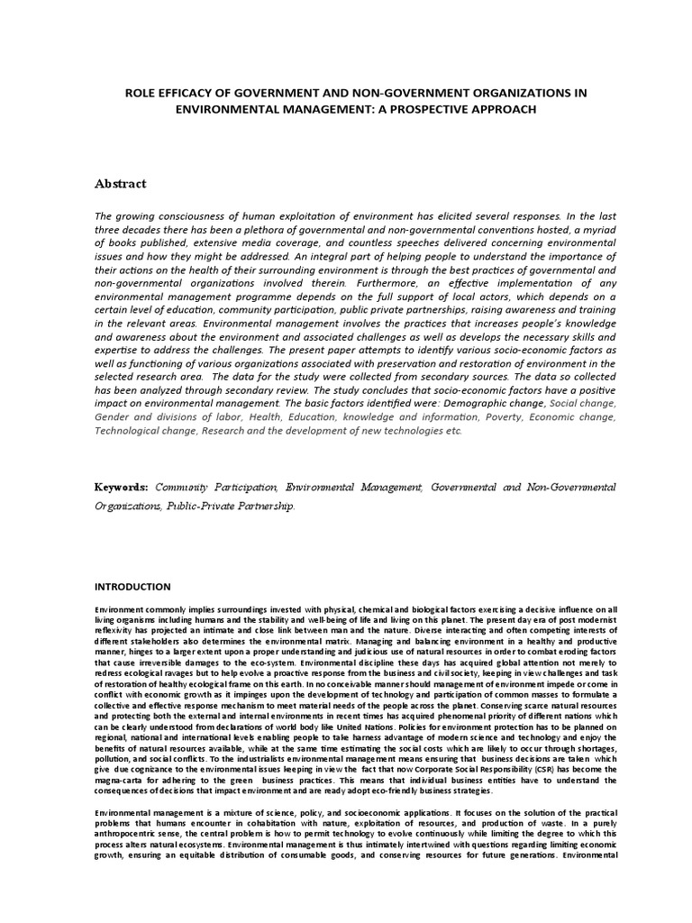 Role Efficacy of Government and Non-Government Organizations in ...