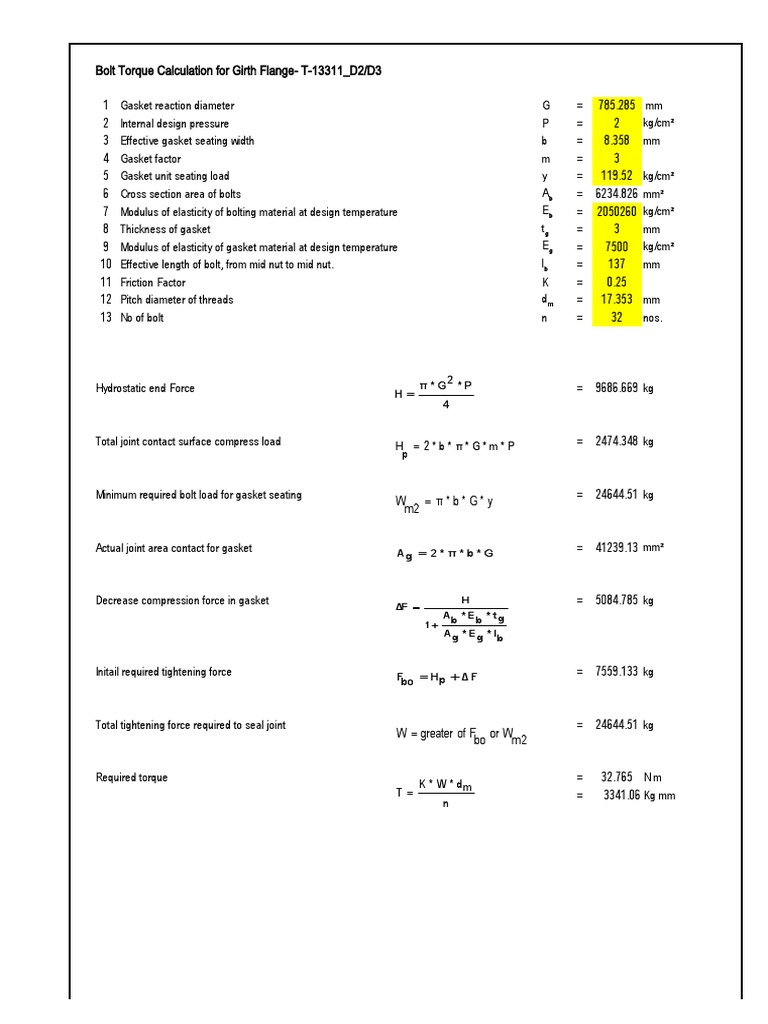 Bolt Torque Calculation for Girth Flange-T-13311 - D2/D3: G * b * π * 2 ...