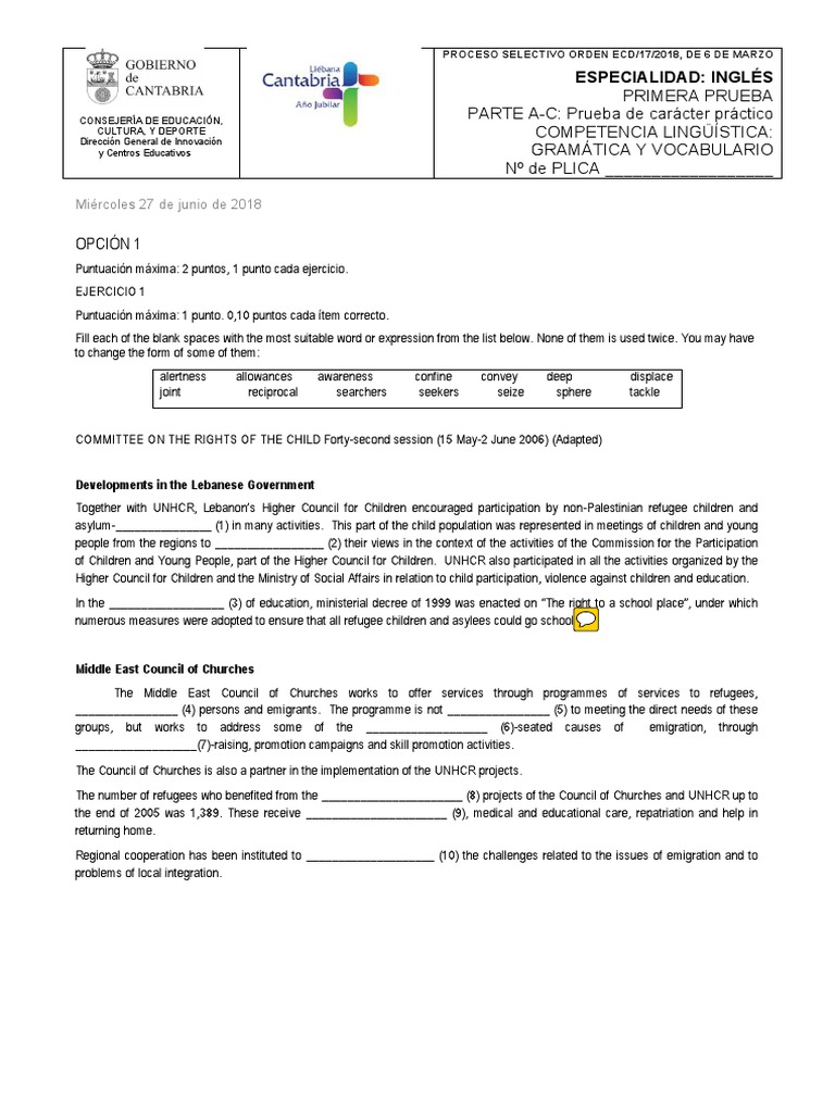 AC Gram Tica y Vocabulario Opci N 1 | Download Free PDF | United Nations High Commissioner For ...