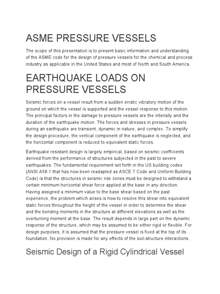 Asme Pressure Vessels: Seismic Design of A Rigid Cylindrical Vessel ...