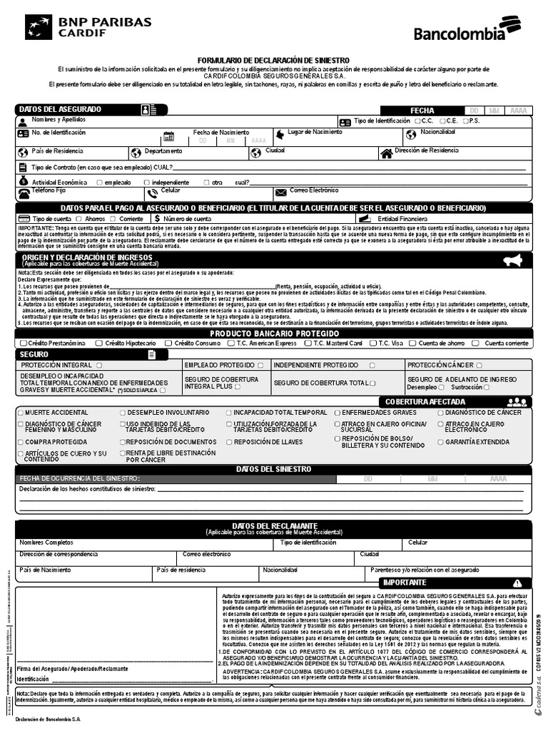 Formato de Declaracion Siniestro PDF | PDF | Póliza de seguros | Seguro