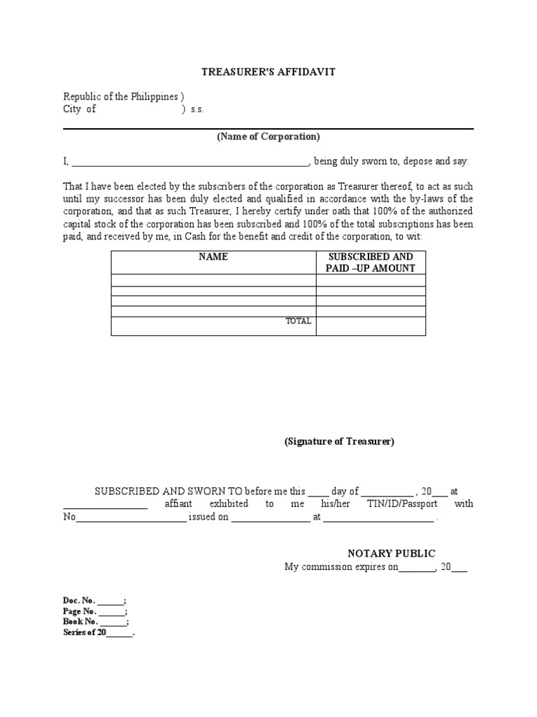 Treasurer's Affidavit Template | PDF