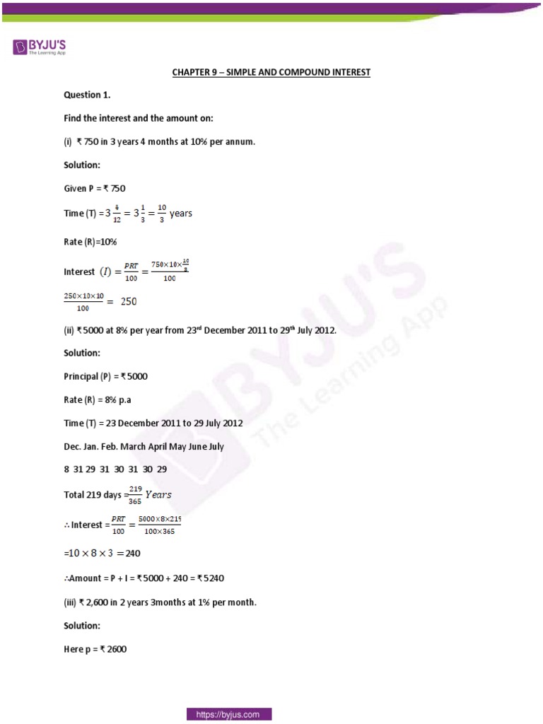 Chapter 9 - Simple and Compound Interest Find The Interest and The ...